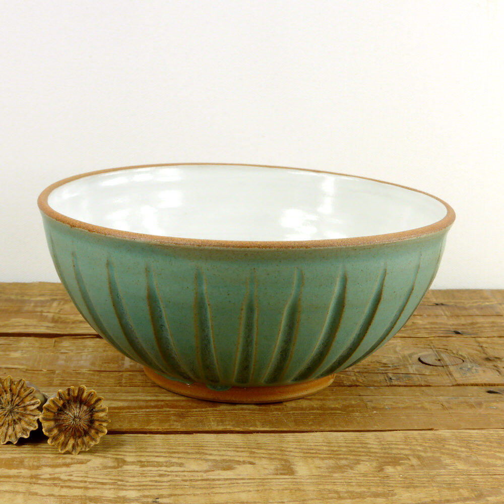 Ceramic Bowl, Jade & White Glazed, Fluted Design - Vigour and Skills